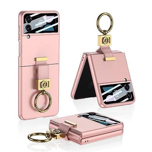 Phone flip case Slim Case Compatible with Samsung Galaxy Z Flip 4 Case with Outer Screen Protector Case,Thin Hard PC Case Fashion Protective Case with Built-in Metal Ring Phone Cover (Color : Pink)