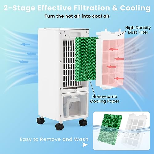 PETSITE Evaporative Air Cooler, 3-in-1 Swamp Cooler Remote Control, 3 Modes, 3 Wind Speeds, 60° Oscillation, 12H Timer, Water Tank & Ice Packs, Portable Air Cooler for Bedroom