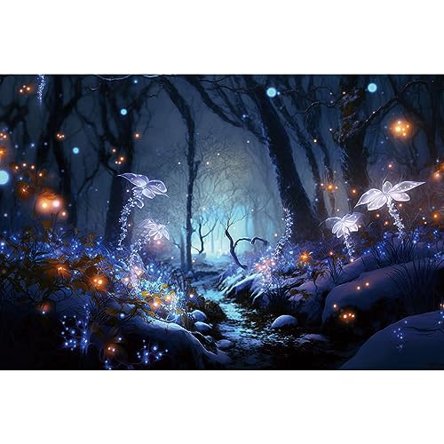 MOONDECO Photography Backdrop 7x5ft Butterfly Blue Forest Birthday Photo Booth Background Children Party Props Fire Fly Lamp Light Rock Decorations