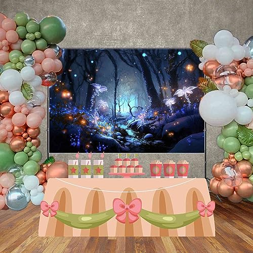 MOONDECO Photography Backdrop 7x5ft Butterfly Blue Forest Birthday Photo Booth Background Children Party Props Fire Fly Lamp Light Rock Decorations