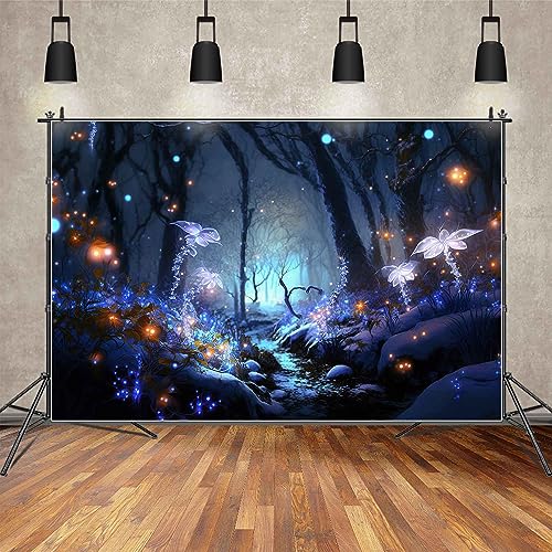 MOONDECO Photography Backdrop 7x5ft Butterfly Blue Forest Birthday Photo Booth Background Children Party Props Fire Fly Lamp Light Rock Decorations