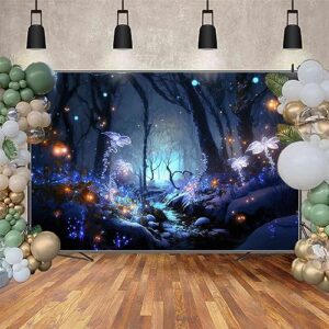 MOONDECO Photography Backdrop 7x5ft Butterfly Blue Forest Birthday Photo Booth Background Children Party Props Fire Fly Lamp Light Rock Decorations