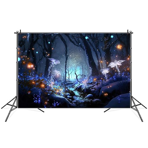 MOONDECO Photography Backdrop 7x5ft Butterfly Blue Forest Birthday Photo Booth Background Children Party Props Fire Fly Lamp Light Rock Decorations