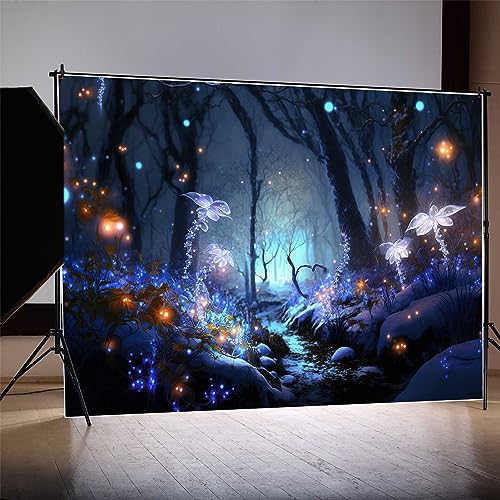 MOONDECO Photography Backdrop 7x5ft Butterfly Blue Forest Birthday Photo Booth Background Children Party Props Fire Fly Lamp Light Rock Decorations