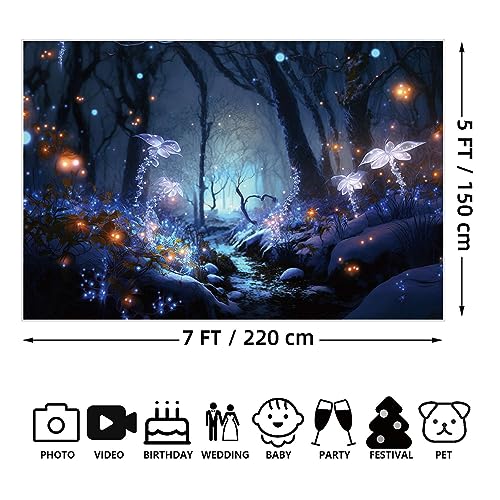 MOONDECO Photography Backdrop 7x5ft Butterfly Blue Forest Birthday Photo Booth Background Children Party Props Fire Fly Lamp Light Rock Decorations