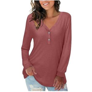 long sleeve t shirts for women solid novelty henley neck v-neck pink tops fall cotton blouse loungewear tees shirts collar sweatshirts trendy blusas de mujer elegantes watermelon red l