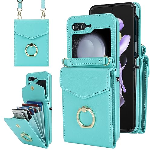 phone flip case Compatible with Samsung Galaxy Z Flip 5 Wallet Case,Quality PU Leather Flip Cover, RFID Blocking Protective Case with Card Slots Holder Girls/Ladies-Shoulder Strap Crossbody Wallet Cas