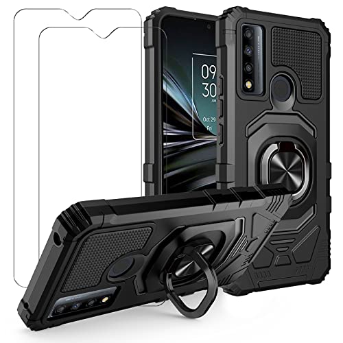 Compatible for TCL 30 XE 5G Kickstand Case with Screen Protector Tempered Glass [2 Pieces], Hybrid Heavy Duty Armor Dual Layer Anti-Scratch Case Cover, Black