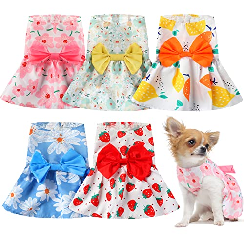 5 Pieces Dog Dresses for Small Dogs Girls Floral Puppy Dresses Pet Dog Princess Bowknot Dress Cute Doggie Summer Outfits Dog Clothes for Yorkie Female Cat Small Pets, 5 Styles(Small)