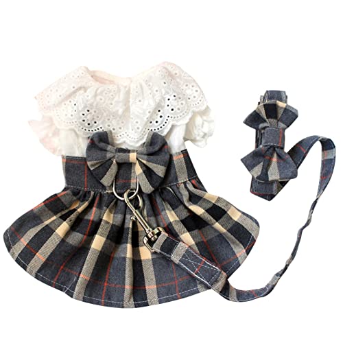 Gyuzh Dog Dress with Dog Leash,Dog Dresses for Small Dogs Puppy Cat Dress Summer Dog Bowknot Skirts Cowboy Plaid Lace Dog Dress Clothes for Small Dogs Girl