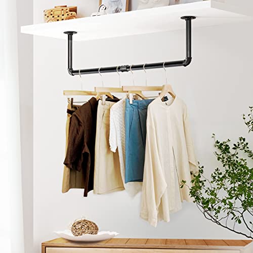 DAIKOYE Clothes Rack 36 Inch Industrial Pipe Clothes Rod,Heavy Duty Detachable Wall Mounted Black Iron Garment Bar,Space-Saving Hanging Clothes Rack,Multi-Purpose Hanging Rod for Closet 2 Base