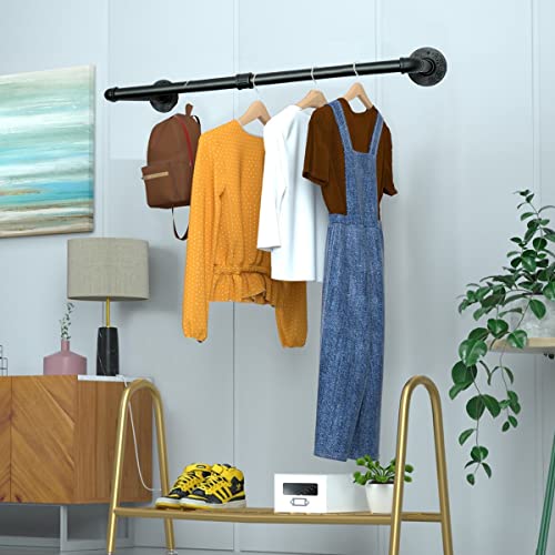 DAIKOYE Clothes Rack 36 Inch Industrial Pipe Clothes Rod,Heavy Duty Detachable Wall Mounted Black Iron Garment Bar,Space-Saving Hanging Clothes Rack,Multi-Purpose Hanging Rod for Closet 2 Base