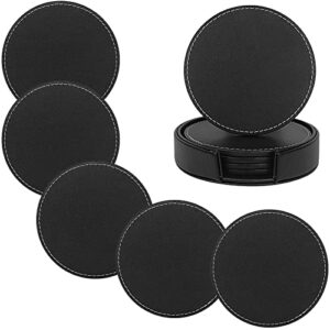 fyy coasters for drinks, set of 5 premium pu leather coaster with holder, 3.9 inch heat resistant coasters for drinks, coffee - protect furniture from stains, water rings and damage, black