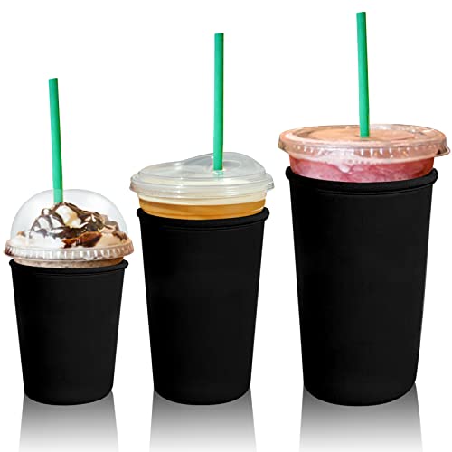 Cicilemo 3Pack Iced Coffee Sleeve for Cold Drinks Reusable Neoprene Insulator Holder for Cups -Tall/Grande, Venti, Trenta, Dunkin Donuts, McDonalds, Mccafe Coffee,Black