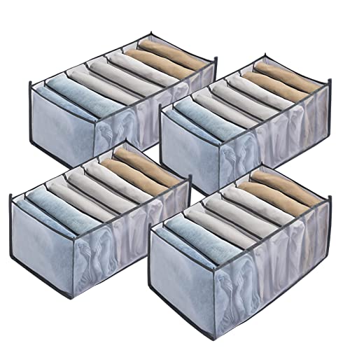 Wardrobe Clothes Organizer 4pcs Large, 7 Grids Foldable Closet Drawer Organizers Portable Storage Clothing Storage Mesh Bins Box for Jeans Pants T-Shirt Sweaters Underwear for Bedroom