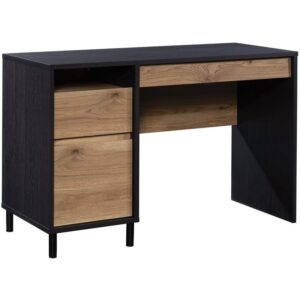 sauder acadia way single pedestal desk in raven oak with timber oak accents