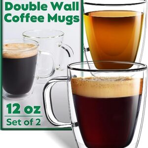 Eparé 12 oz Double Wall Coffee Mugs Set of 2 - Large Iced Latte Glass Coffee Cups with Handle - Lightweight Double Walled Glass Coffee Mug - Cappuccino, Tea, or Espresso Glass Cups