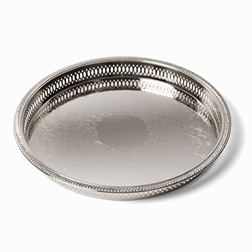 Elegance Round Metal Serving Tray,12.75 Inch Nickel Plated Bar Tray with Decorative Embossing Serves Champagne,Whiskey and Drinks – Silver Tone Drink Tray,Perfume Tray,Ottoman Tray for Home Bar,8924N