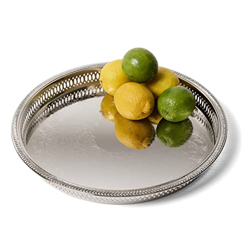 Elegance Round Metal Serving Tray,12.75 Inch Nickel Plated Bar Tray with Decorative Embossing Serves Champagne,Whiskey and Drinks – Silver Tone Drink Tray,Perfume Tray,Ottoman Tray for Home Bar,8924N