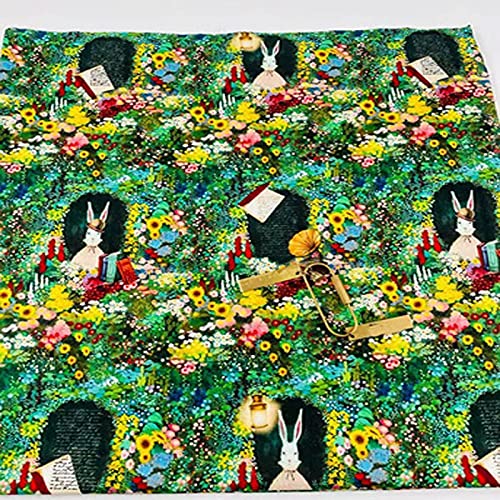 PUMCRAFT Sewing Fabric 100% Cotton Fabric Rabbits & Green Grassland Colorful Flower Printed Sewing Cloth Dress Clothing Textile - 50cm Fabric Patchwork Craft