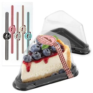 cake slice containers plastic disposable, cheesecake boxes, pie container with lid for individual slices of cakes, disposable triangular pie box, reusable, complimentary stickers (50 pack)