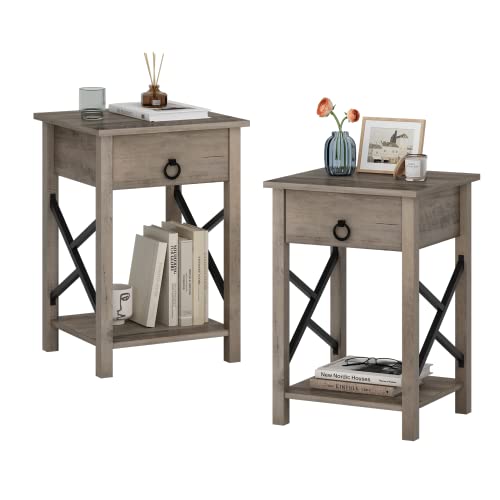 JAXPETY Set of 2 Wood Nightstand, Bedside Table with Drawer, Bedside Furniture, Night Stand, End Table, Side Table with Solid Wood Legs for Home Bedroom(Grey)