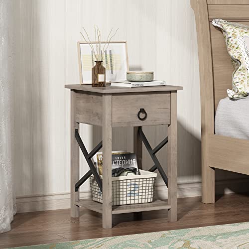 JAXPETY Set of 2 Wood Nightstand, Bedside Table with Drawer, Bedside Furniture, Night Stand, End Table, Side Table with Solid Wood Legs for Home Bedroom(Grey)