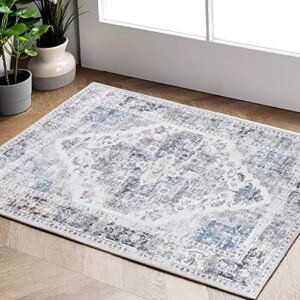 jinchan area rug 2x3 entryway rug persian rug vintage foldable thin rug chenille grey floral print accent rug retro indoor door mat non slip gray carpet kitchen living room bedroom dining room