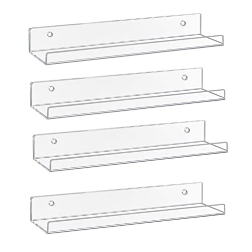 Watpot Acrylic Shelves, 15" Clear Floating Shelves, Clear Acrylic Bookshelf for Wall, Set of 4