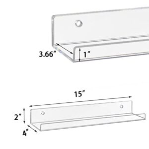 Watpot Acrylic Shelves, 15" Clear Floating Shelves, Clear Acrylic Bookshelf for Wall, Set of 4