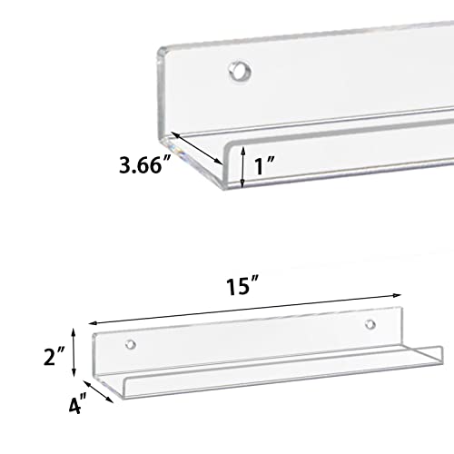 Watpot Acrylic Shelves, 15" Clear Floating Shelves, Clear Acrylic Bookshelf for Wall, Set of 4