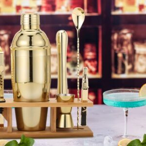 JNWINOG Shakers Bartending, 11Pcs-Cocktail Shaker Set Gold Drink Mixer with 25oz Martini Shaker,Muddler,Bar Spoon and More Professional for Home and Bartender.(Gold)