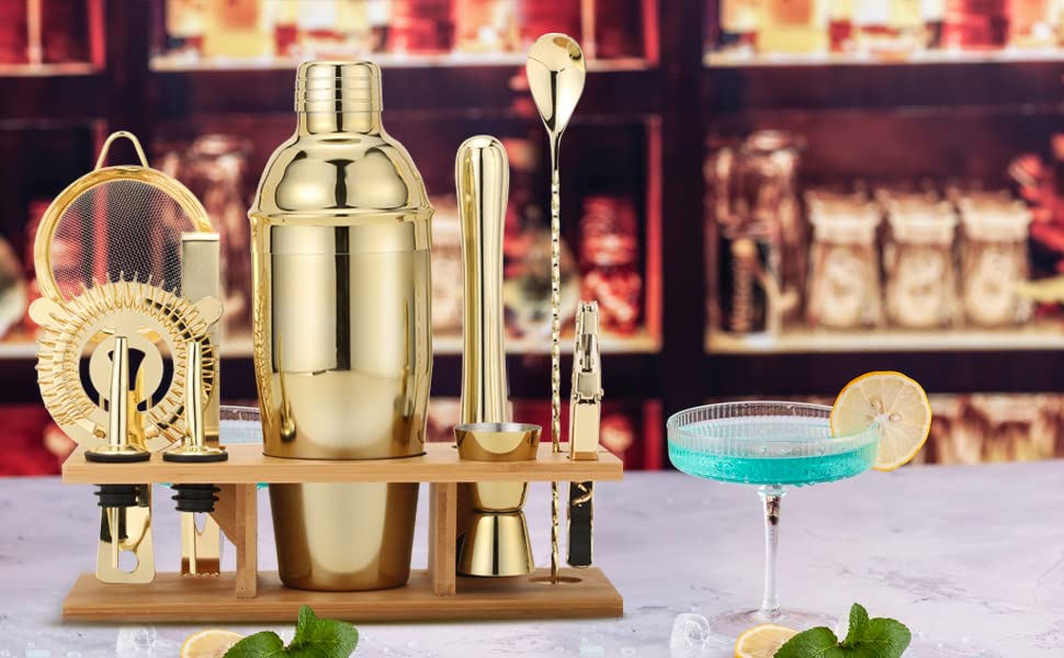 JNWINOG Shakers Bartending, 11Pcs-Cocktail Shaker Set Gold Drink Mixer with 25oz Martini Shaker,Muddler,Bar Spoon and More Professional for Home and Bartender.(Gold)