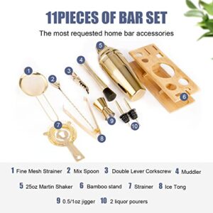 JNWINOG Shakers Bartending, 11Pcs-Cocktail Shaker Set Gold Drink Mixer with 25oz Martini Shaker,Muddler,Bar Spoon and More Professional for Home and Bartender.(Gold)