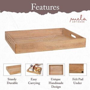 Wooden Whitewash Decorative Trays w/Handles - “Butterflies” Farmhouse Tray for Coffee Table - Wood Serving Tray for Breakfast in Bed - Mango Wood Decorative Tray w/Felt Pads - 20” x 14” x 2.5”