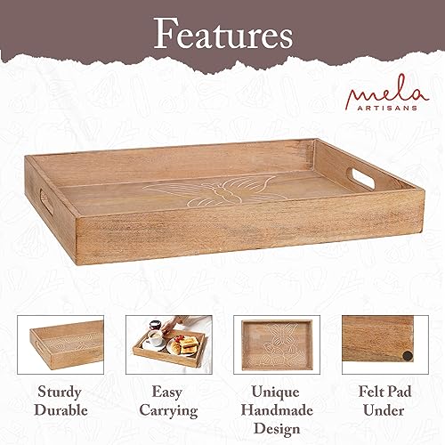 Wooden Whitewash Decorative Trays w/Handles - “Butterflies” Farmhouse Tray for Coffee Table - Wood Serving Tray for Breakfast in Bed - Mango Wood Decorative Tray w/Felt Pads - 20” x 14” x 2.5”