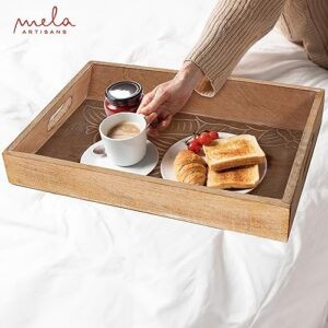 Wooden Whitewash Decorative Trays w/Handles - “Butterflies” Farmhouse Tray for Coffee Table - Wood Serving Tray for Breakfast in Bed - Mango Wood Decorative Tray w/Felt Pads - 20” x 14” x 2.5”