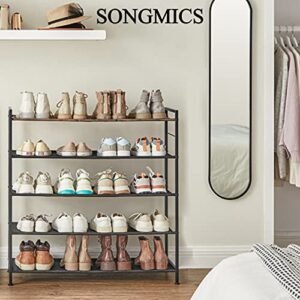 SONGMICS Shoe Rack Storage Organizer 5 Tier, Metal Shoe Rack Storage Shelf for Closet Entryway, Sturdy Large Shoe Stand for 20-25 Pairs with 4 Hooks, Adjustable Feet, 5 Fabric Shelves, Not Wooden Top