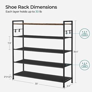 SONGMICS Shoe Rack Storage Organizer 5 Tier, Metal Shoe Rack Storage Shelf for Closet Entryway, Sturdy Large Shoe Stand for 20-25 Pairs with 4 Hooks, Adjustable Feet, 5 Fabric Shelves, Not Wooden Top