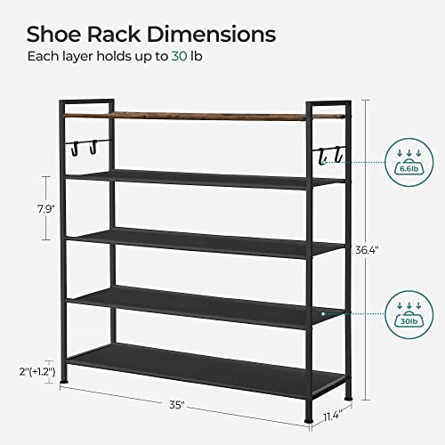 SONGMICS Shoe Rack Storage Organizer 5 Tier, Metal Shoe Rack Storage Shelf for Closet Entryway, Sturdy Large Shoe Stand for 20-25 Pairs with 4 Hooks, Adjustable Feet, 5 Fabric Shelves, Not Wooden Top