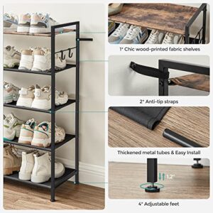 SONGMICS Shoe Rack Storage Organizer 5 Tier, Metal Shoe Rack Storage Shelf for Closet Entryway, Sturdy Large Shoe Stand for 20-25 Pairs with 4 Hooks, Adjustable Feet, 5 Fabric Shelves, Not Wooden Top