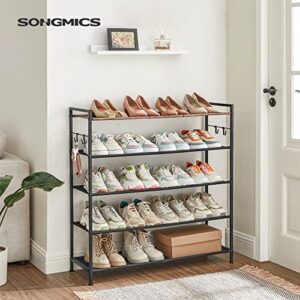 SONGMICS Shoe Rack Storage Organizer 5 Tier, Metal Shoe Rack Storage Shelf for Closet Entryway, Sturdy Large Shoe Stand for 20-25 Pairs with 4 Hooks, Adjustable Feet, 5 Fabric Shelves, Not Wooden Top