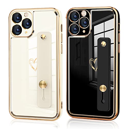 KANGHAR Designed for iPhone 11 Pro Max Case with Wrist Strap Loop Luxury Love Heart Plating Gold Bumper Phone Cover Wristband Kickstand Full Body Protective Slim Case for Women-Black