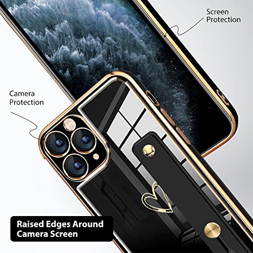 KANGHAR Designed for iPhone 11 Pro Max Case with Wrist Strap Loop Luxury Love Heart Plating Gold Bumper Phone Cover Wristband Kickstand Full Body Protective Slim Case for Women-Black