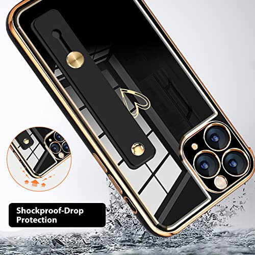 KANGHAR Designed for iPhone 11 Pro Max Case with Wrist Strap Loop Luxury Love Heart Plating Gold Bumper Phone Cover Wristband Kickstand Full Body Protective Slim Case for Women-Black