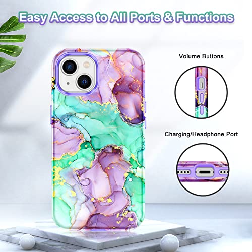 CASEFIV Compatible with iPhone 13 Case, Marble Pattern 3 in 1 Heavy Duty Shockproof Full Body Rugged Hard PC+Soft Silicone Drop Protective Girls Women Cover for iPhone 13 6.1 inch 2021, Purple Green