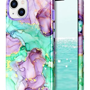 CASEFIV Compatible with iPhone 13 Case, Marble Pattern 3 in 1 Heavy Duty Shockproof Full Body Rugged Hard PC+Soft Silicone Drop Protective Girls Women Cover for iPhone 13 6.1 inch 2021, Purple Green