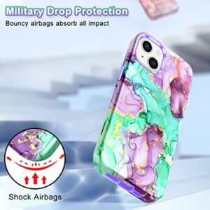 CASEFIV Compatible with iPhone 13 Case, Marble Pattern 3 in 1 Heavy Duty Shockproof Full Body Rugged Hard PC+Soft Silicone Drop Protective Girls Women Cover for iPhone 13 6.1 inch 2021, Purple Green