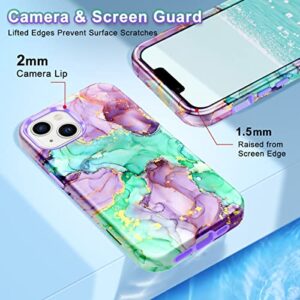 CASEFIV Compatible with iPhone 13 Case, Marble Pattern 3 in 1 Heavy Duty Shockproof Full Body Rugged Hard PC+Soft Silicone Drop Protective Girls Women Cover for iPhone 13 6.1 inch 2021, Purple Green