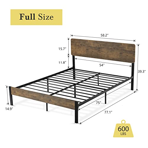 HOOMIC Full Size Platform Bed Frame with Wooden Headboard and Footboard, Rustic Country Style Mattress Foundation, Metal Slats, No Box Spring Needed, Easy Assembly, Noise Free, Black&Brown